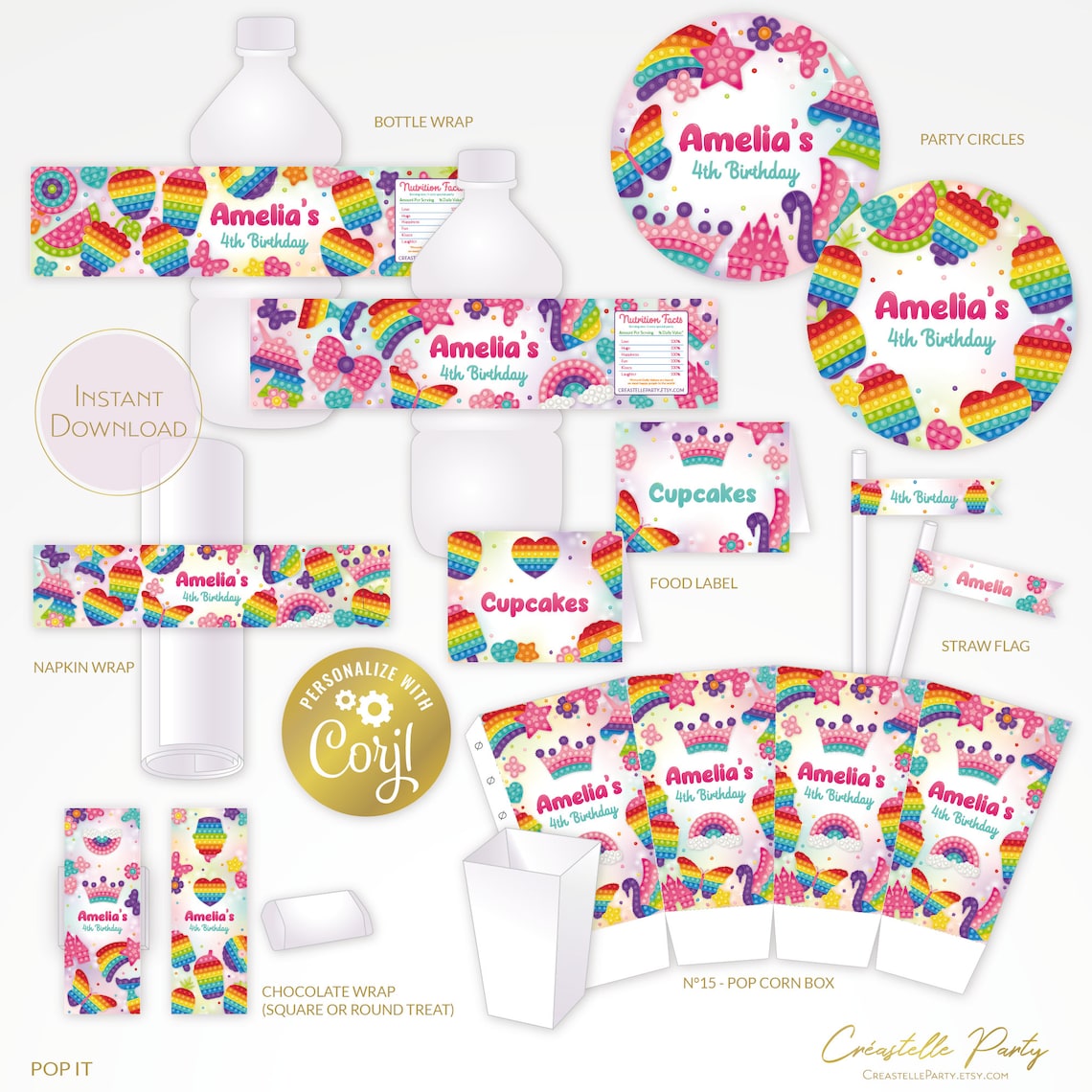 Pop It Editable Party Decor Package Rainbow Printable Pop - Etsy