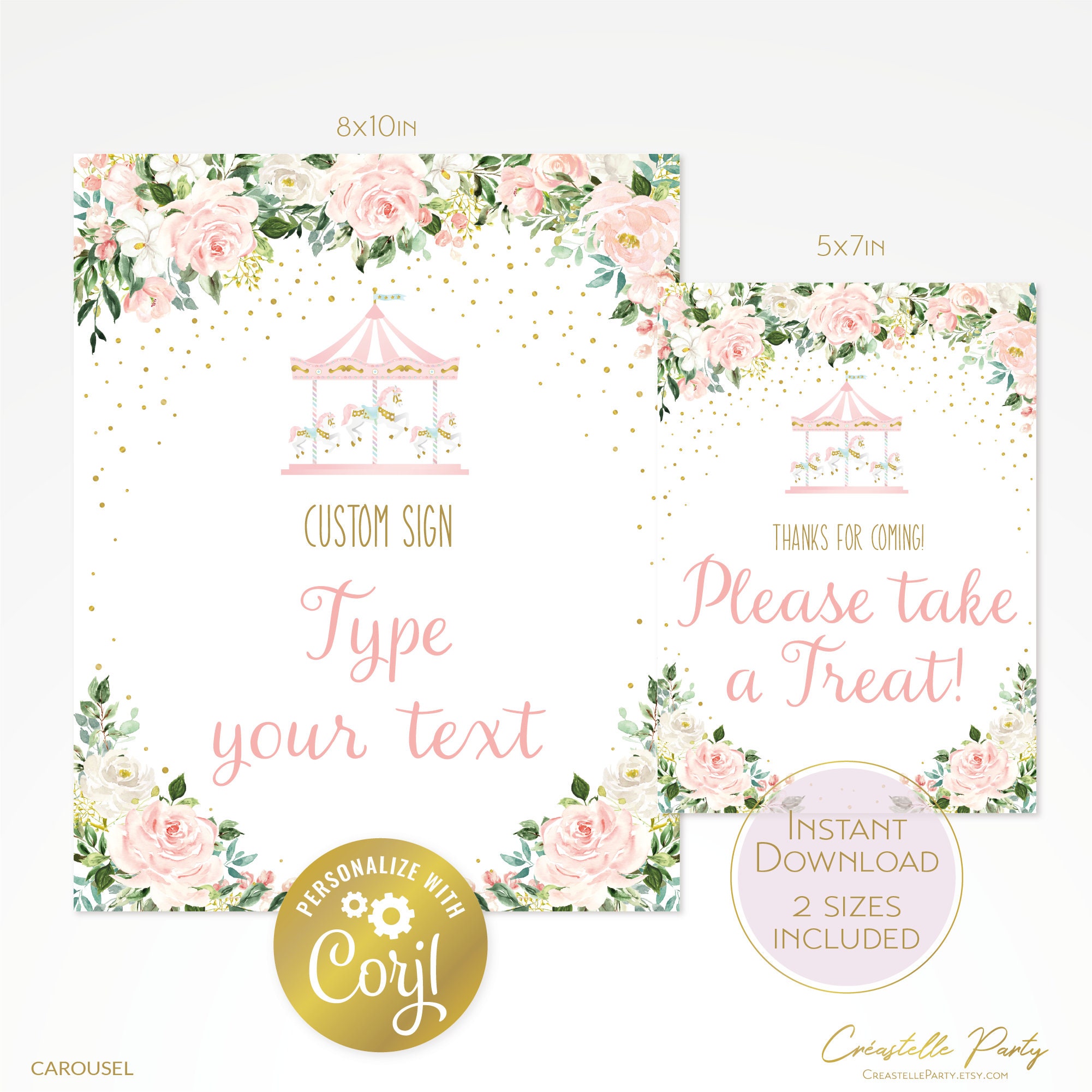Party Sign Set Carousel Signs Pink Floral Party Signs Party | Etsy