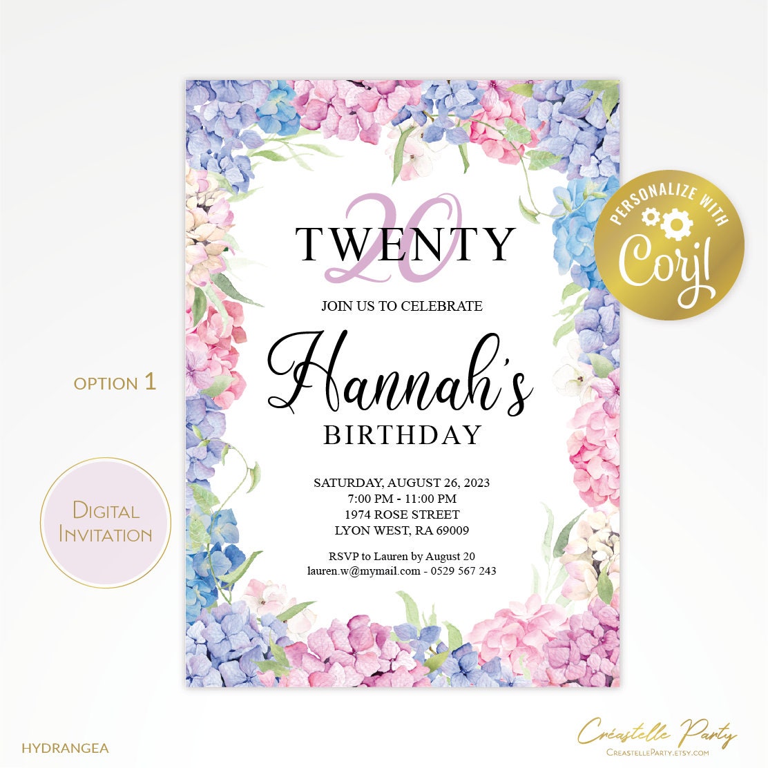 Hydrangea Invitation Editable Pink and Blue Birthday Digital | Etsy