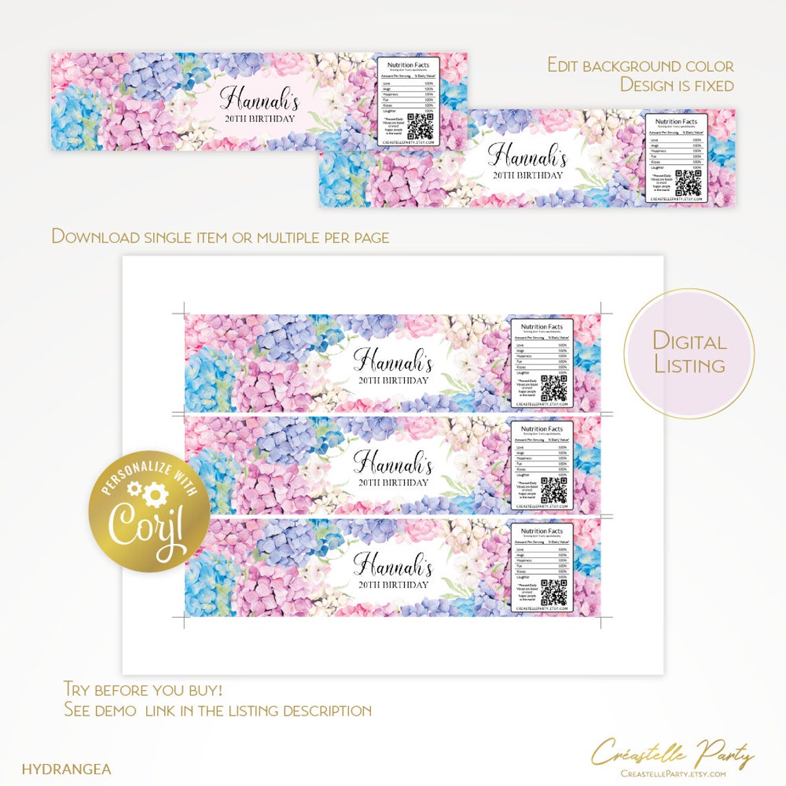 Hydrangea Editable Water Bottle Label, Pink and Blue Birthday Label ...
