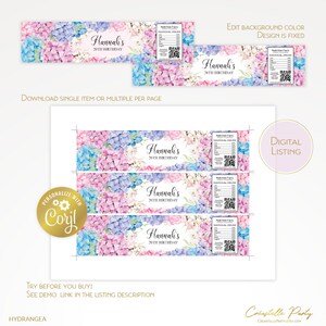 Hydrangea Editable Water Bottle Label, Pink and Blue Birthday Label ...