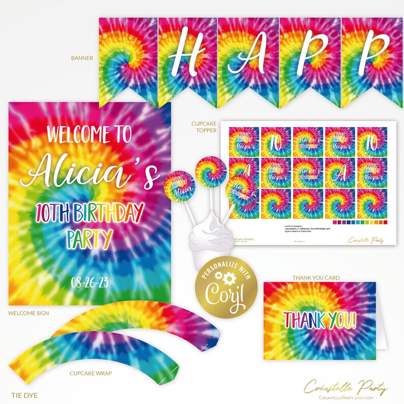 Tie Dye Editable Party Decor Package Rainbow Spiral - Etsy