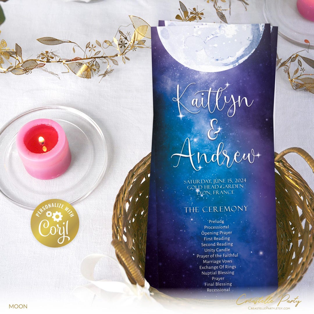 Moon Wedding Program Template, Night Sky Editable 3.75"x9" Ceremony ...