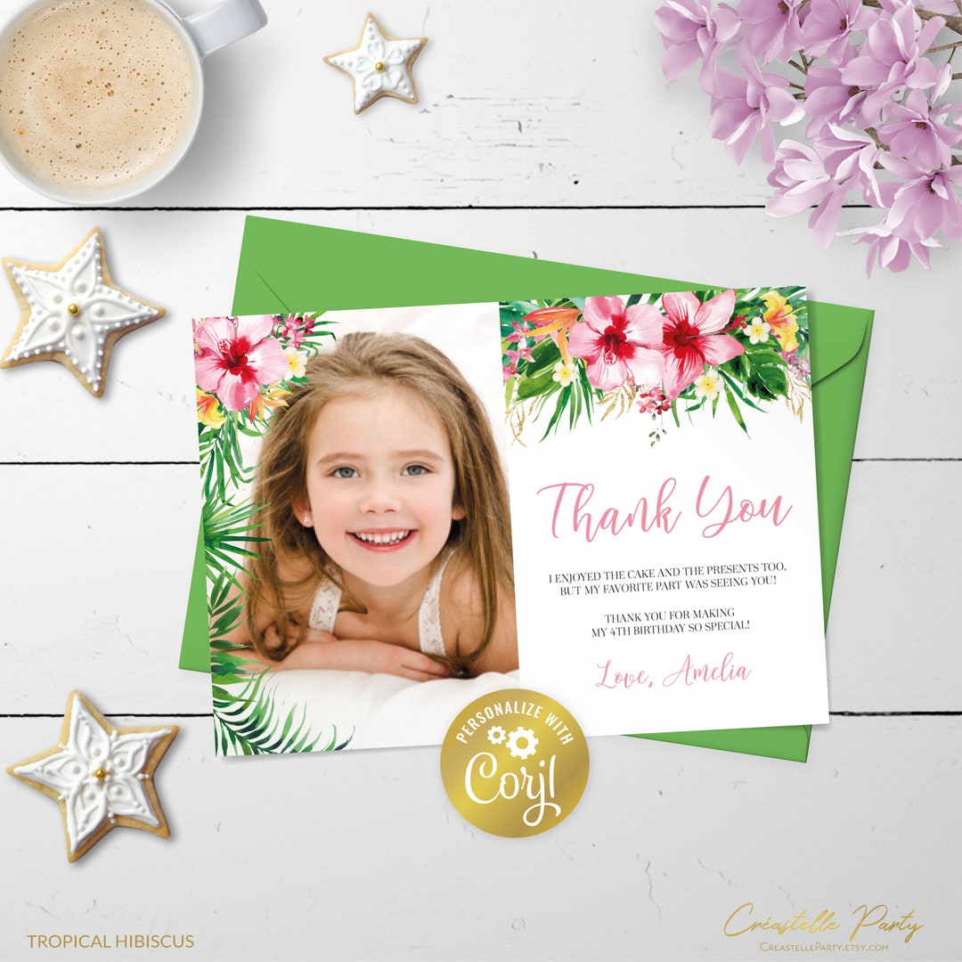 Tropical Floral Editable Thank You Card, Hawaiian Flowers Digital Party ...