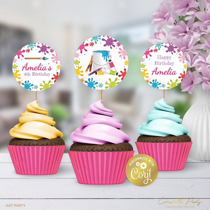 Art Party Editable Cupcake Toppers, Painting Party Birthday Label ...