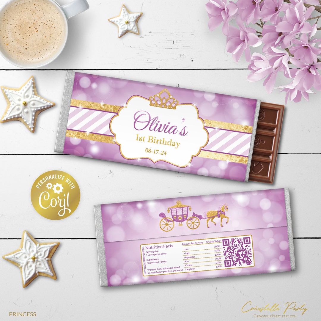 Princess Editable Chocolate Bar Wrap, Royal Crown Birthday Snacks Label ...