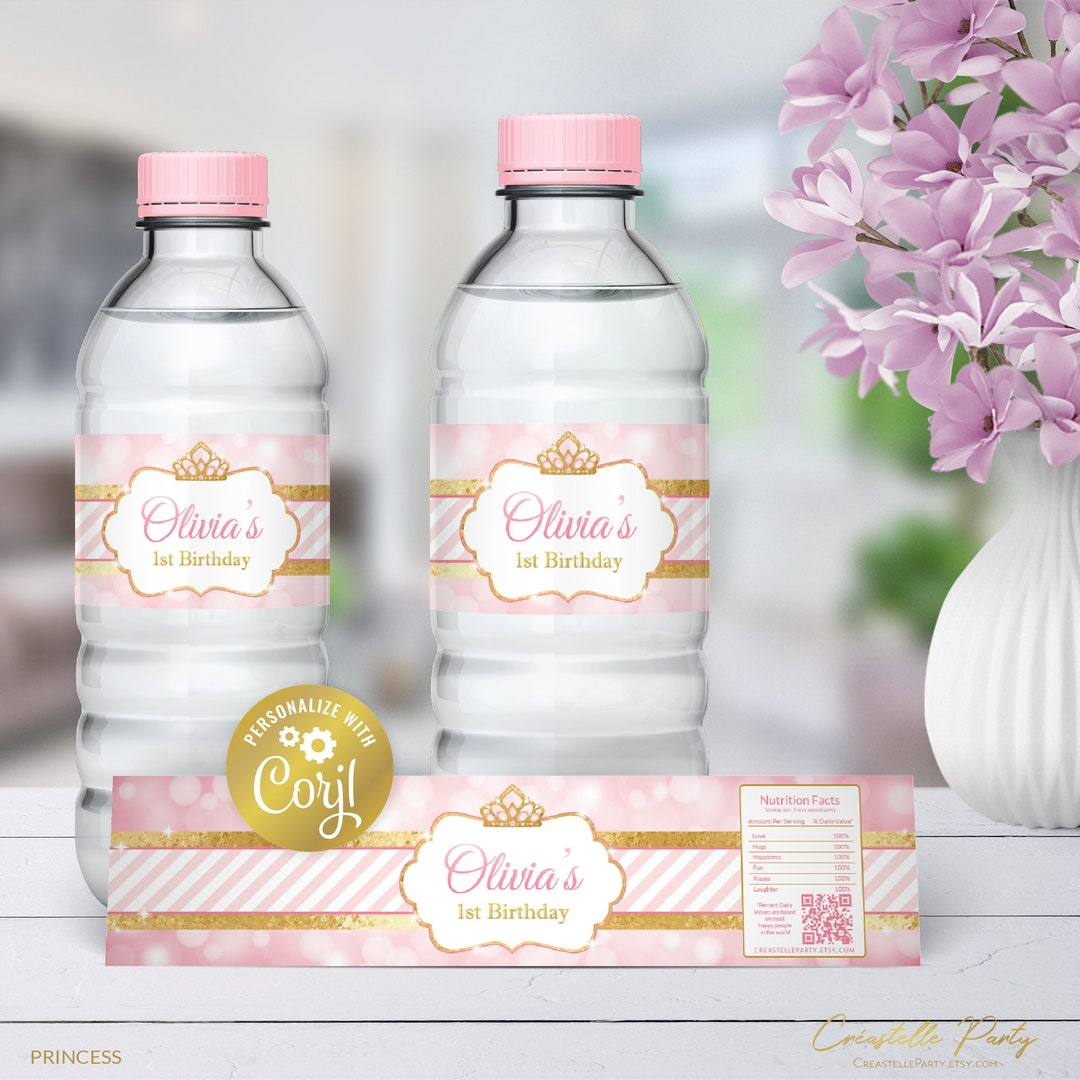 Princess Editable Water Bottle Label, Royal Crown Birthday Label, Gold ...