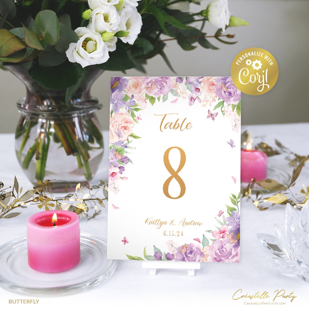 Butterfly Table Number Card Template, Purple Floral Seating Card, Blush ...