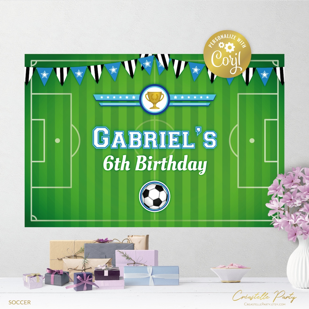 Soccer Field Digital Backdrop, Blue Football Editable Poster File ...