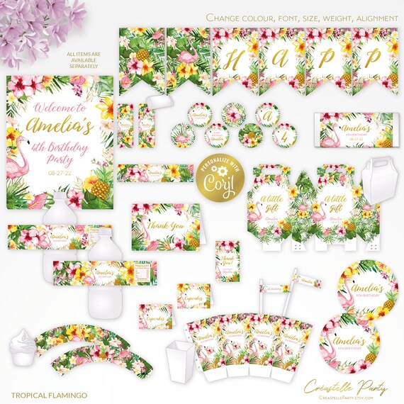Tropical flamingo editable party decor package, hawaii flower printable ...