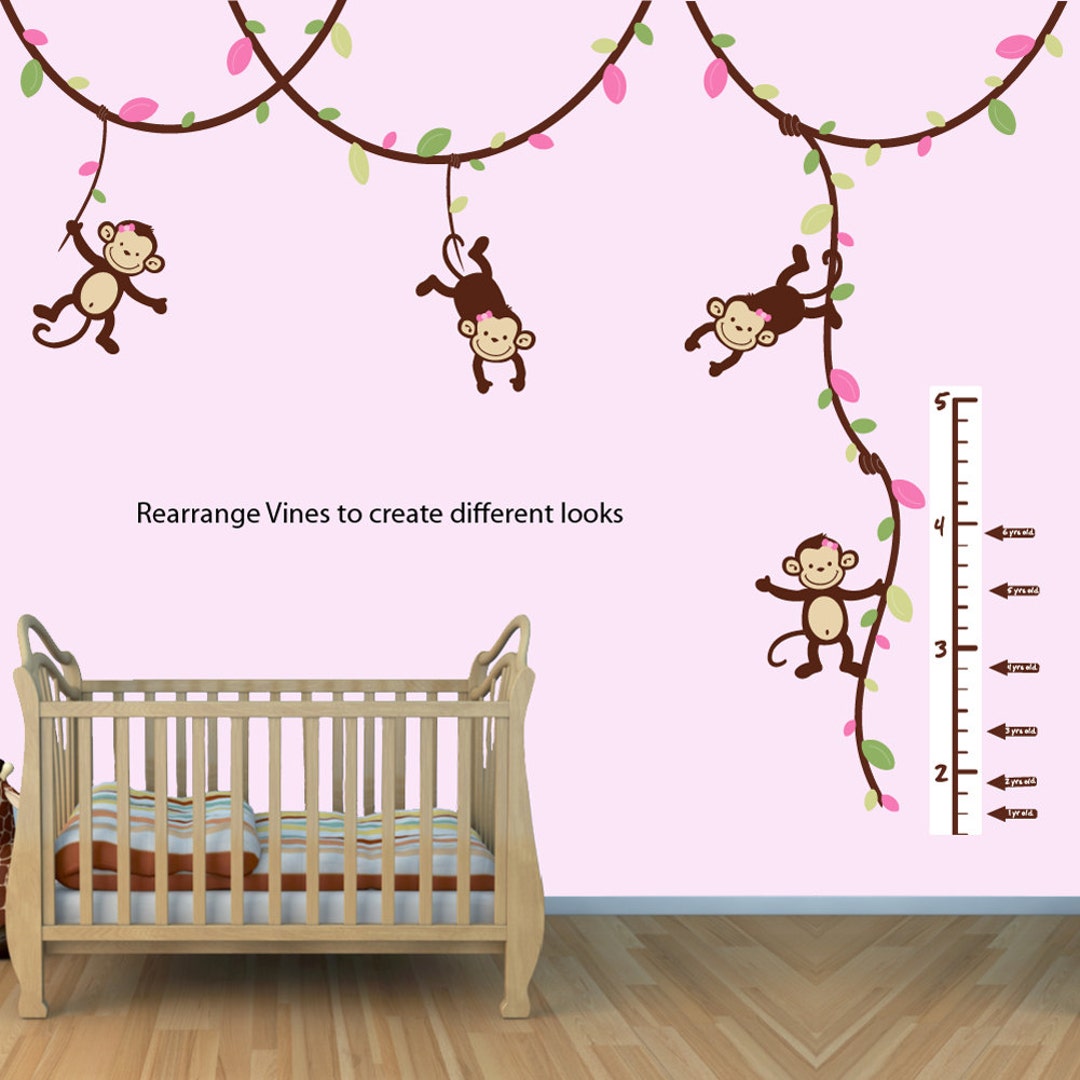 Baby Jungle Monkey With Vine Growth Chart-monkey Wall Decals Vine ...