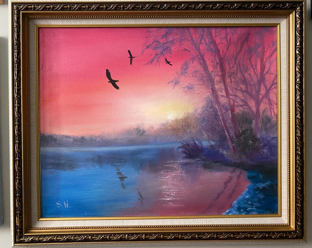 Ruby Sunset Seascape Oil Painting: Original Art (16x20 In) - Etsy