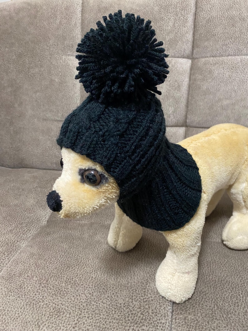 Hand-knitted Dog Hat: Winter Snood With Pom Pom for Small Dogs Sizes ...