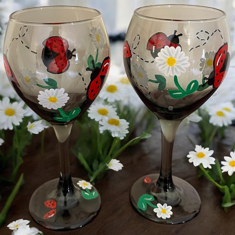 Ladybug Wine Glasses and Caddy, Hand Painted - Etsy