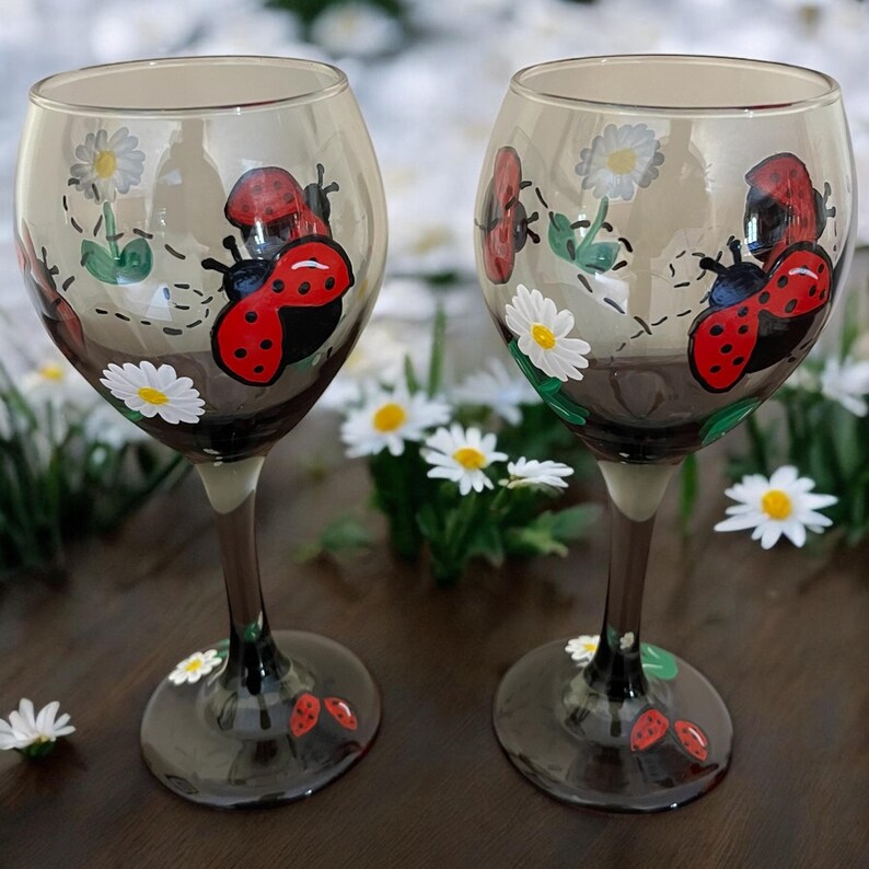 Ladybug Wine Glasses and Caddy, Hand Painted - Etsy