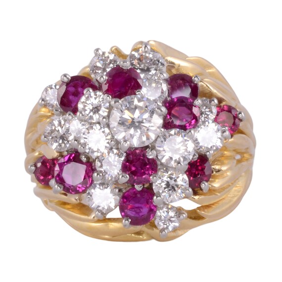 Diamond & Ruby Two Tone 18K Dome Ring - Size 6 - Gem
