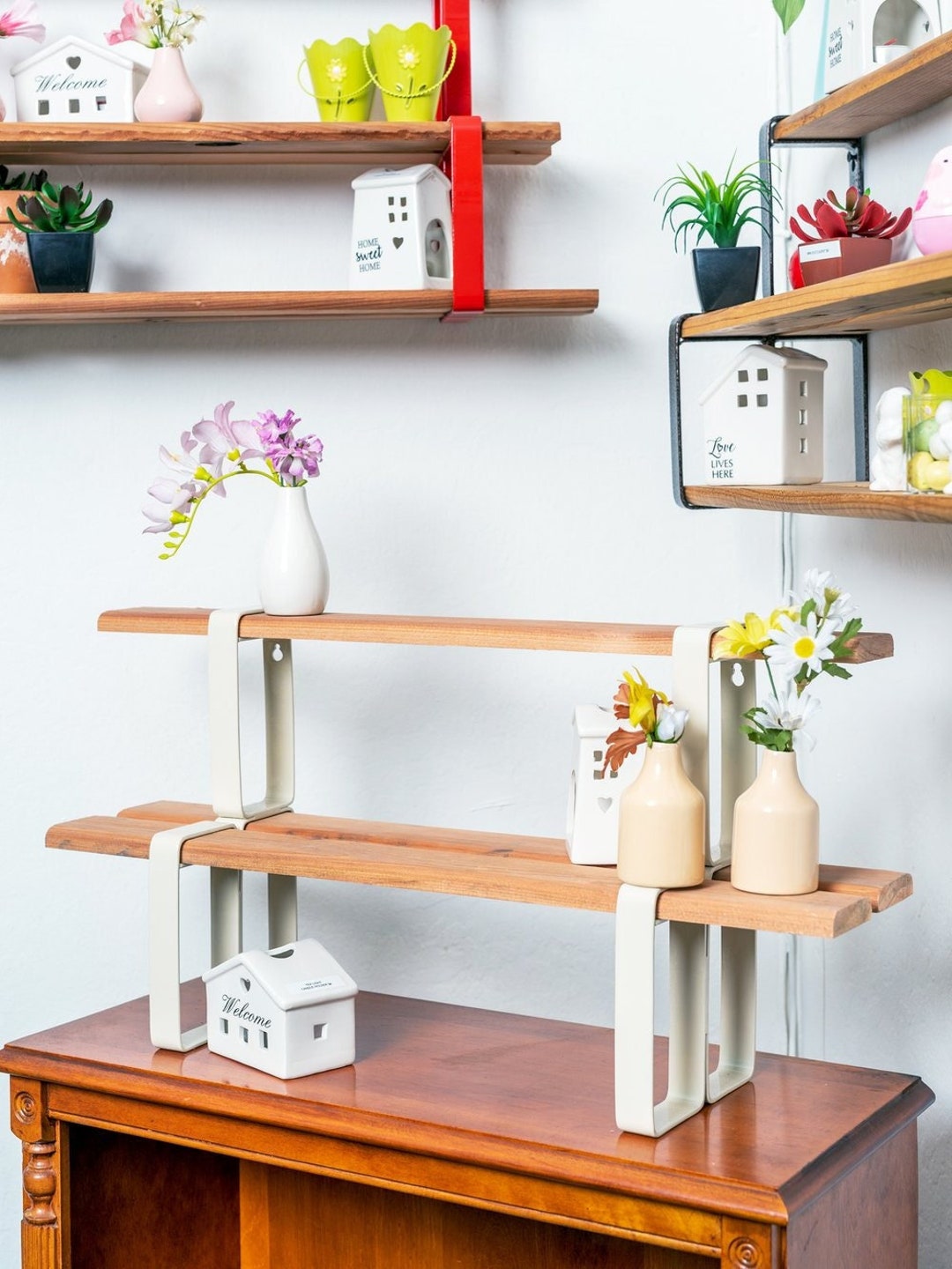 Multi-tier Wall/ Stand Display Shelf 3/5 Metal Frames 3 24 Redwood ...