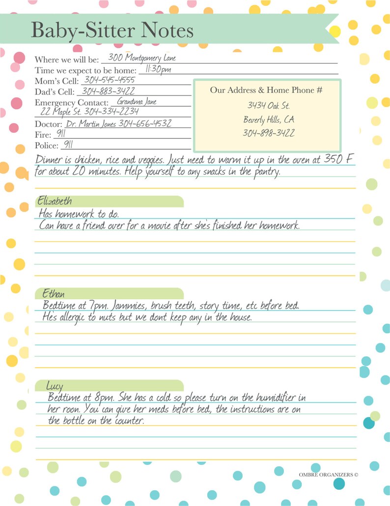 Baby-sitter Notes Printable - Household Binder - Planner Printable ...