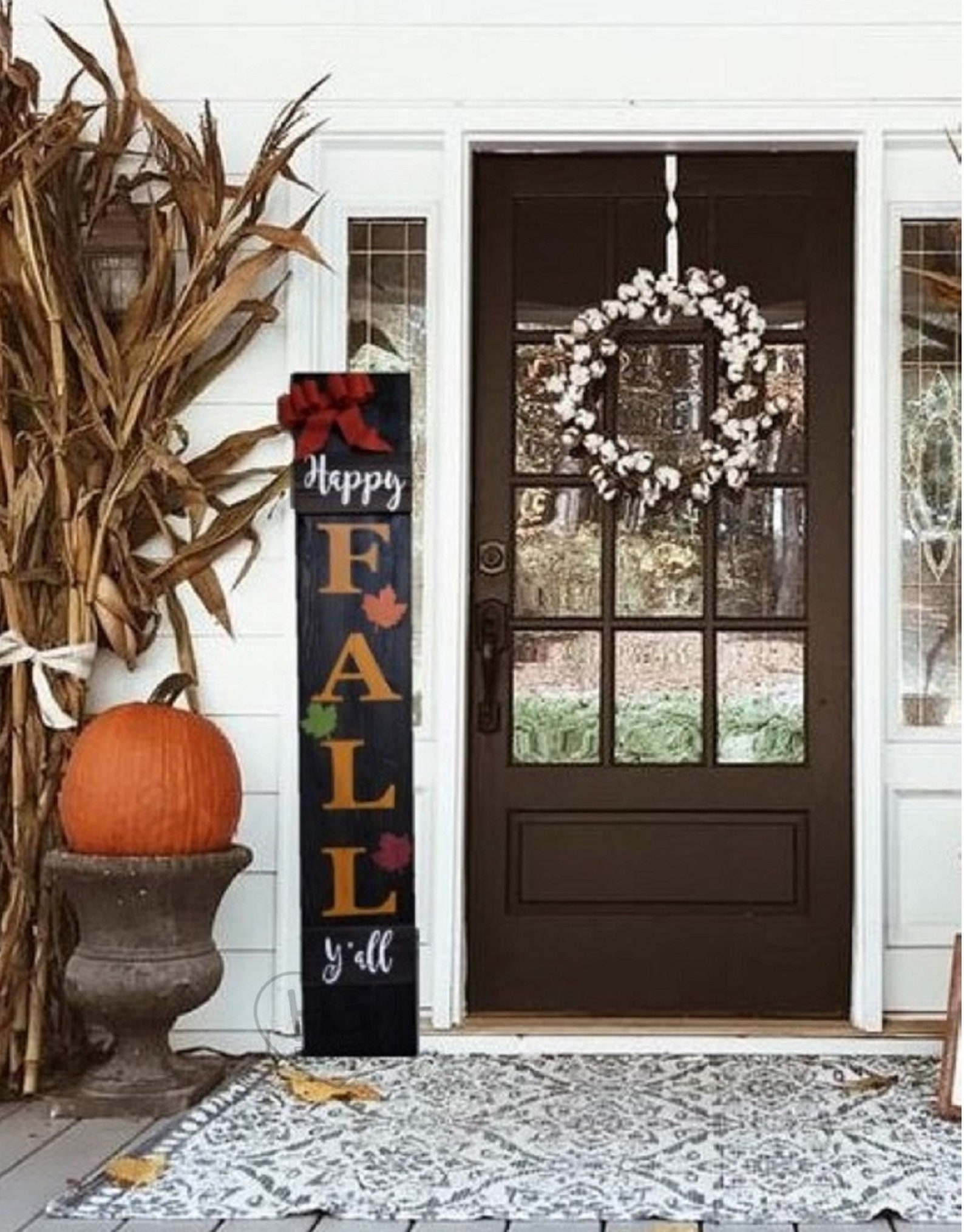 Happy Fall Porch Sign Autumn Leaves Orange Burlap Bow Hand - Etsy