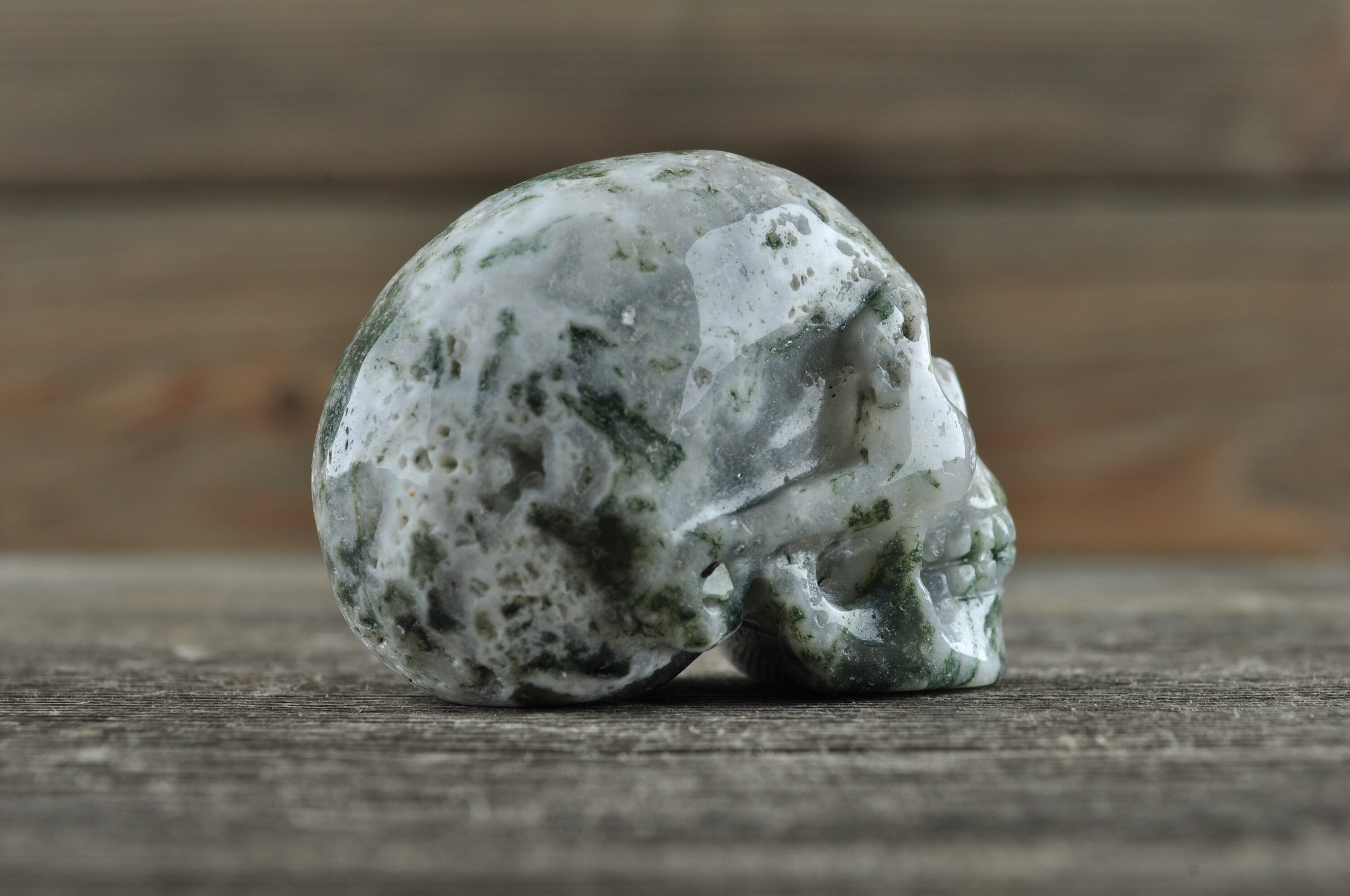 Amazing Natural Moss Agate Geode Crystal Skull, Mini