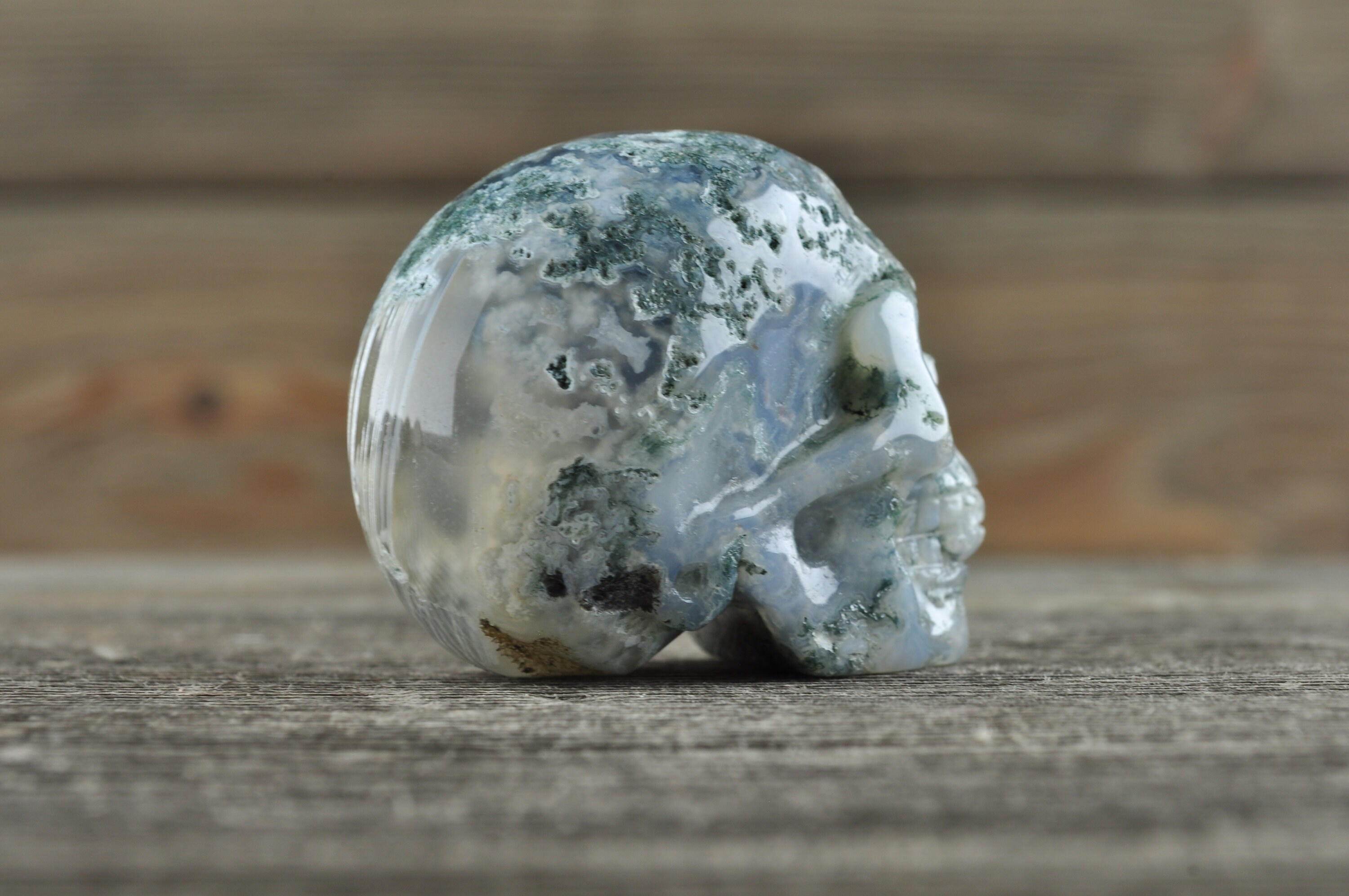 Amazing Natural Moss Agate Geode Crystal Skull, Mini