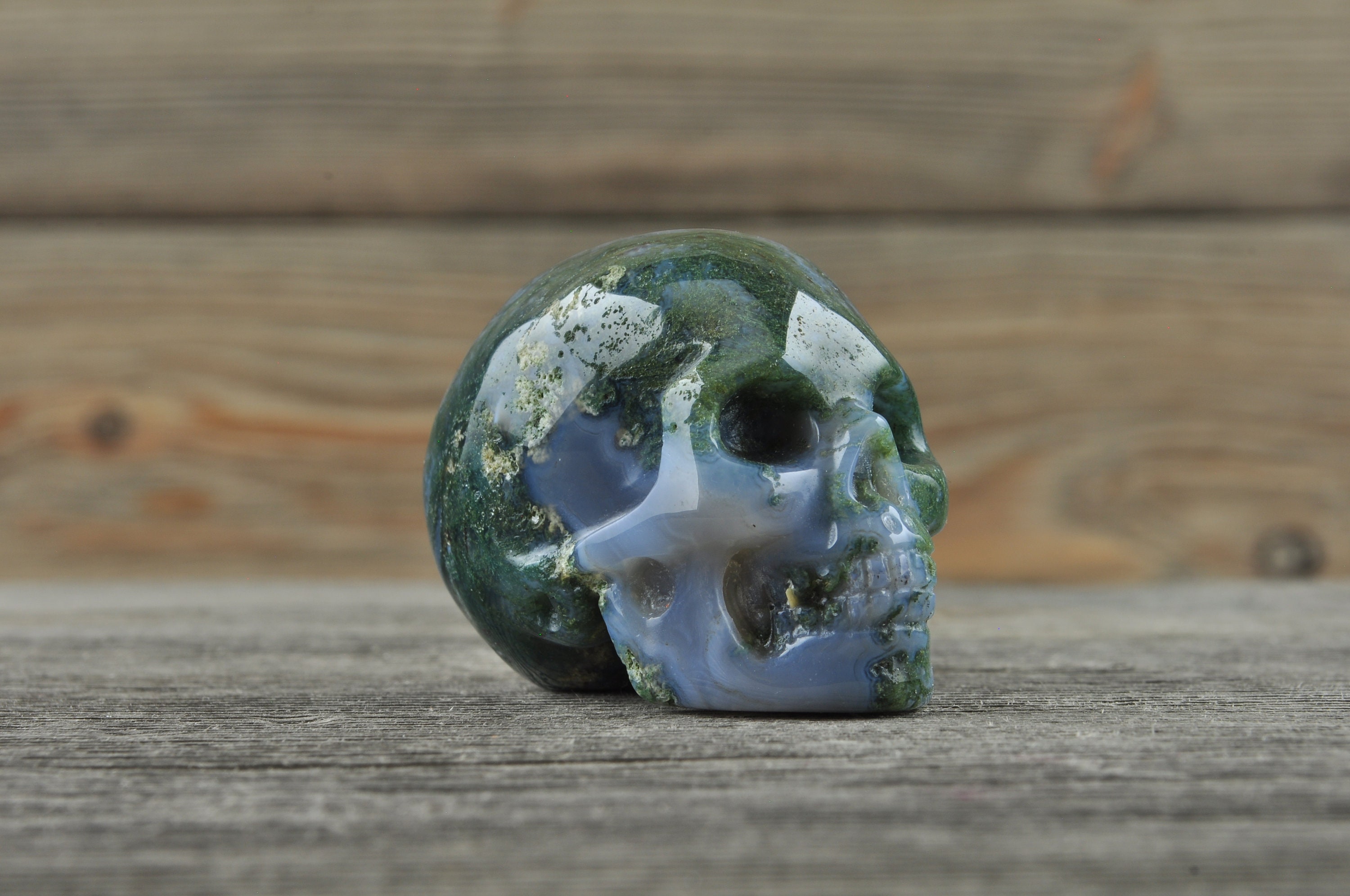 Natural Moss Agate Crystal Skull, Mini