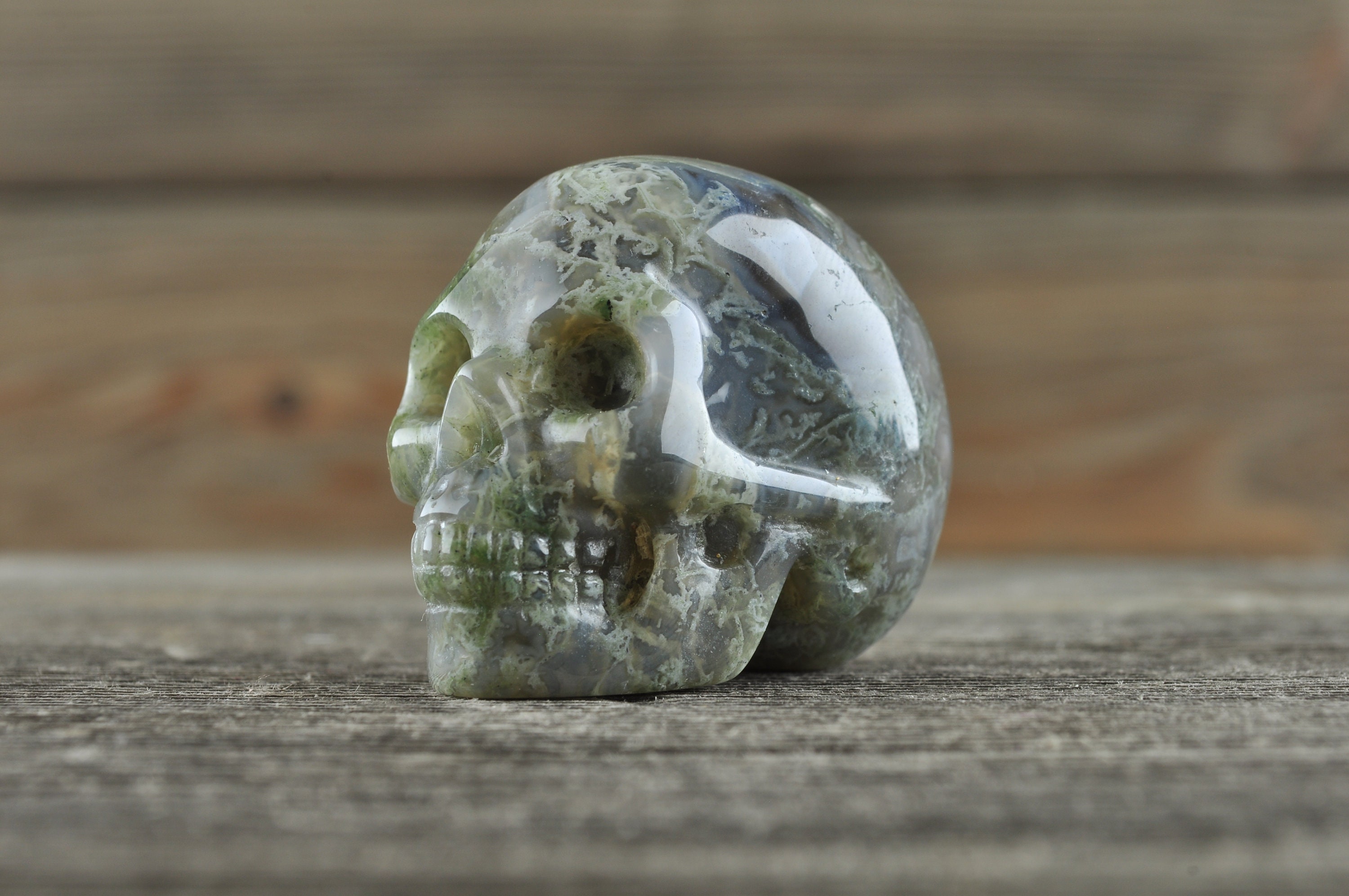 Natural Moss Agate Crystal Skull, Mini