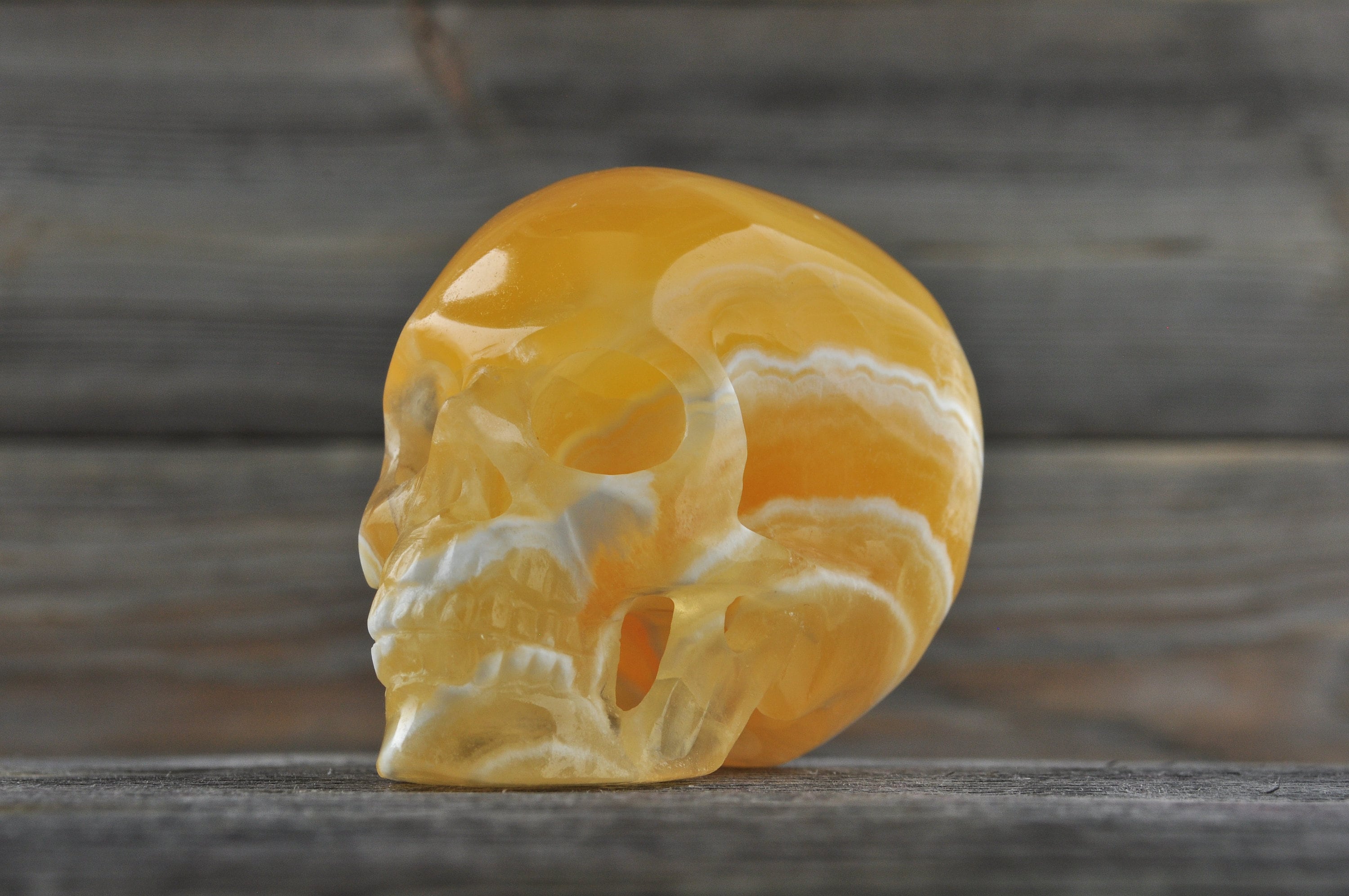 Natural Super Realistic Yellow Calcite Crystal Skull, Medium