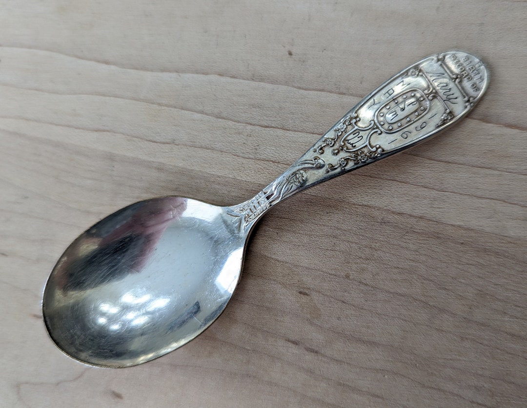 Vintage Collectible Wm ROGERS Silver Birth Record Baby Spoon 4", Mono ...