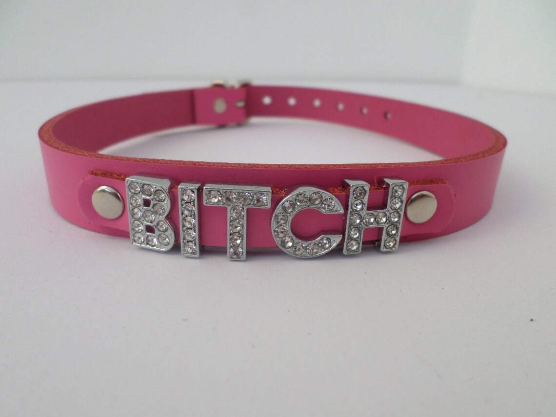 Pink real leather bitch collar with 12mm diamont letters | Etsy