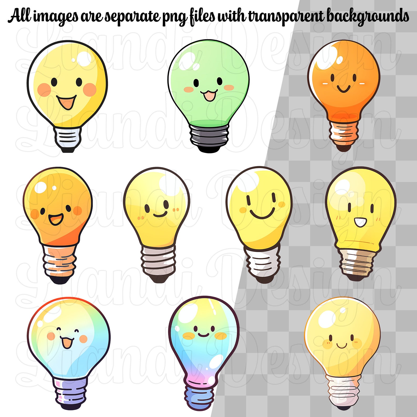 Kawaii Light Bulbs Clipart 20 Cute and Colorful Lightbulb Graphics for ...