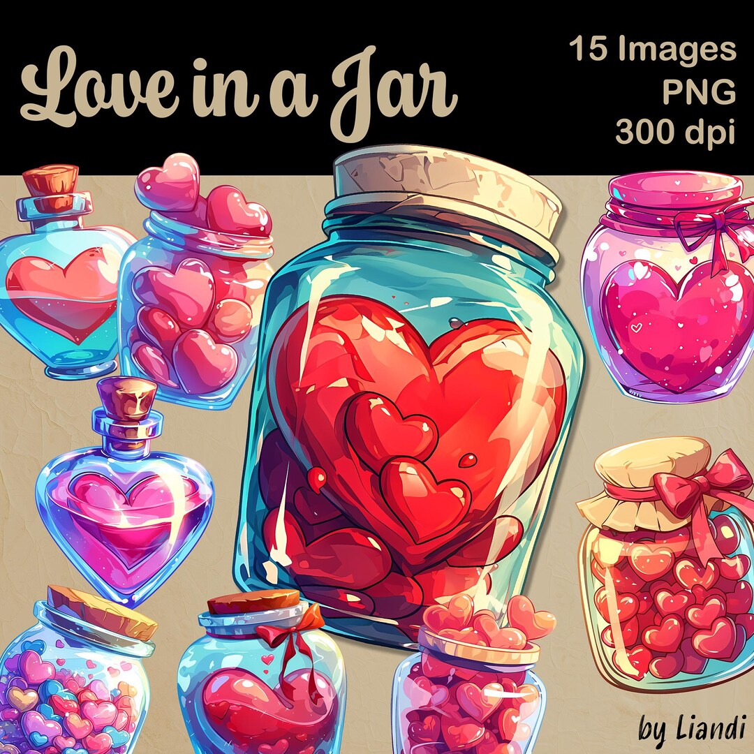 Love in a Jar Clipart - 15 Hearts in Glass Jar and Love Potion Graphics ...
