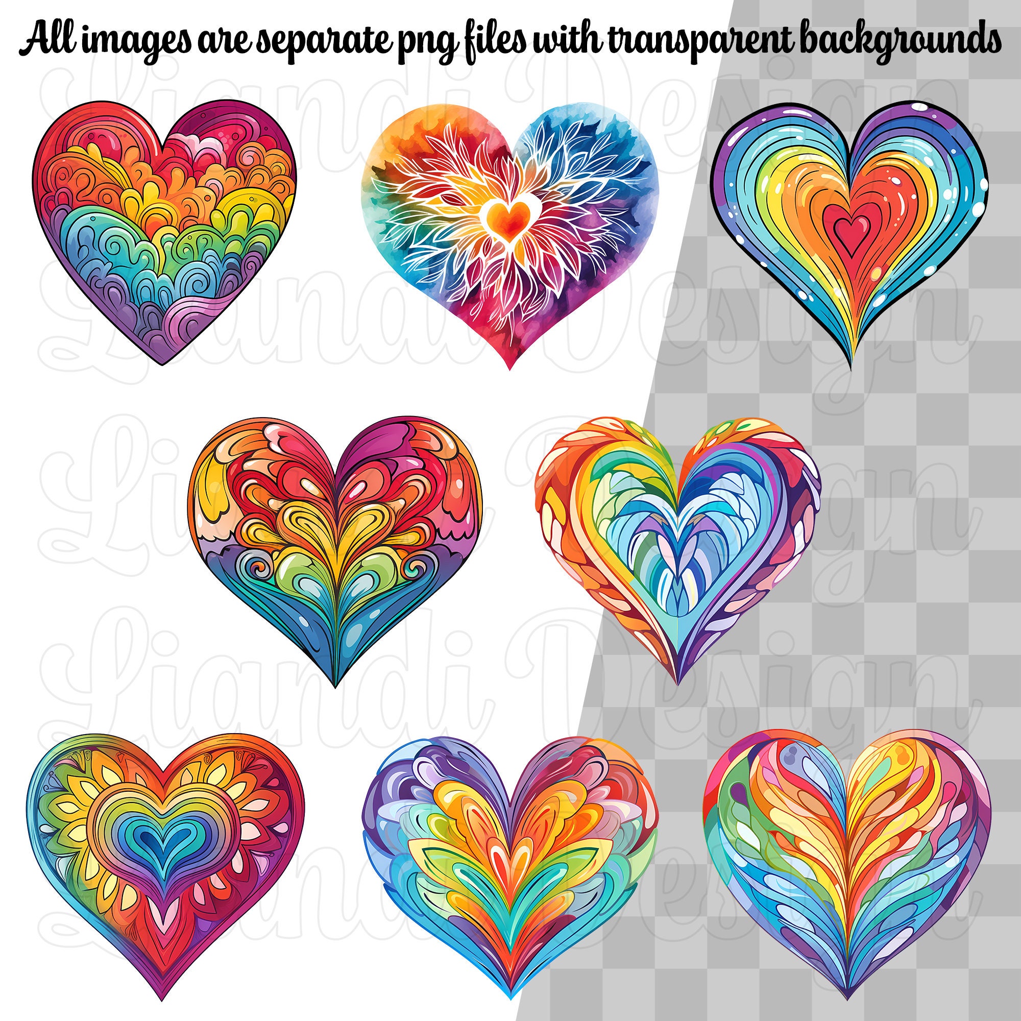 Colorful Hearts Clipart 15 Hippie Style Heart Graphics for DIY Projects ...