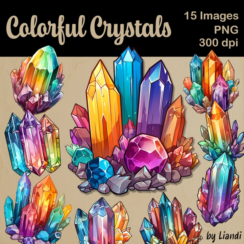 Colorful Crystals Clipart 15 Rainbow Colored Crystal Graphics for DIY ...