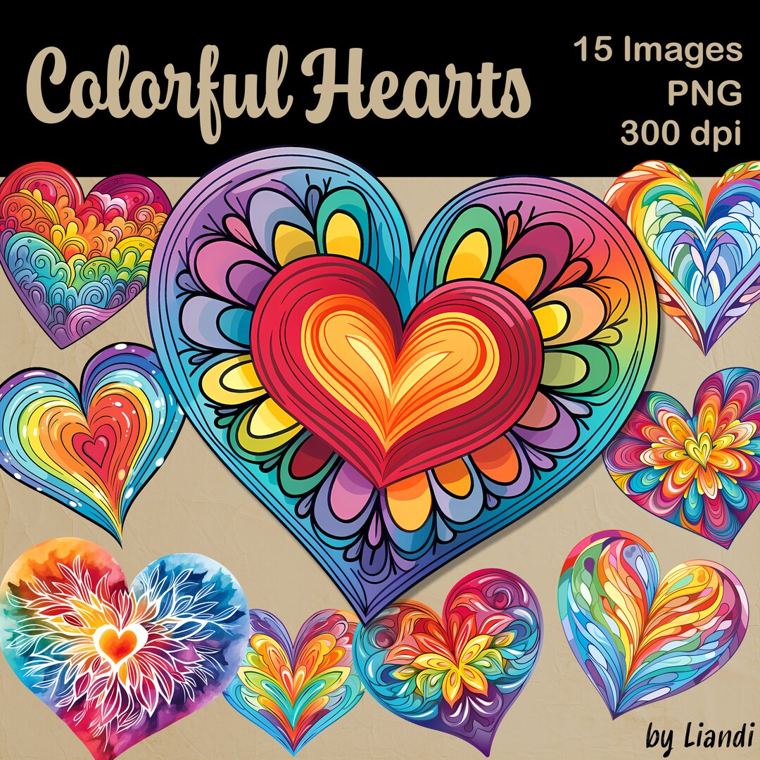 Colorful Hearts Clipart 15 Hippie Style Heart Graphics for DIY Projects ...
