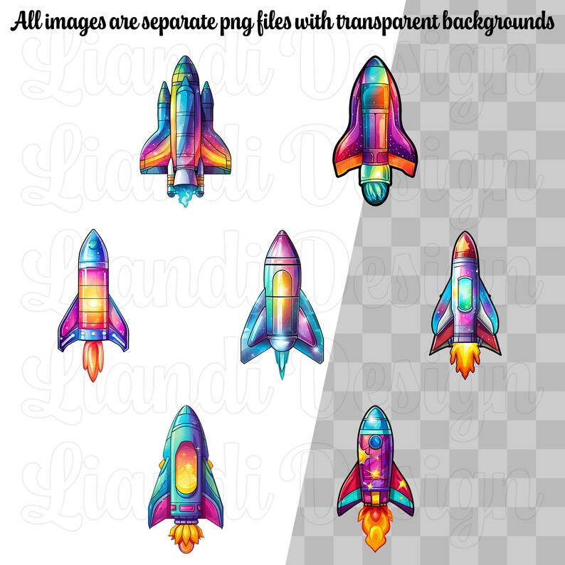 Holographic Space Rockets Clipart 15 Colorful Iridescent Spaceship ...