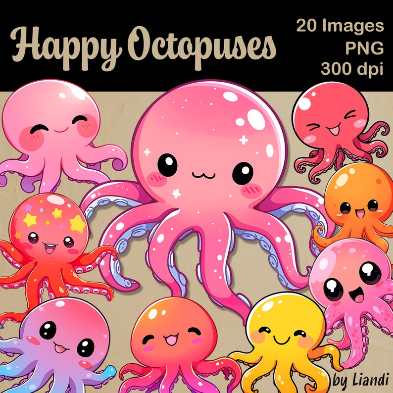 Kawaii Octopuses Clipart 20 Cute and Happy Octopus Graphics for DIY ...