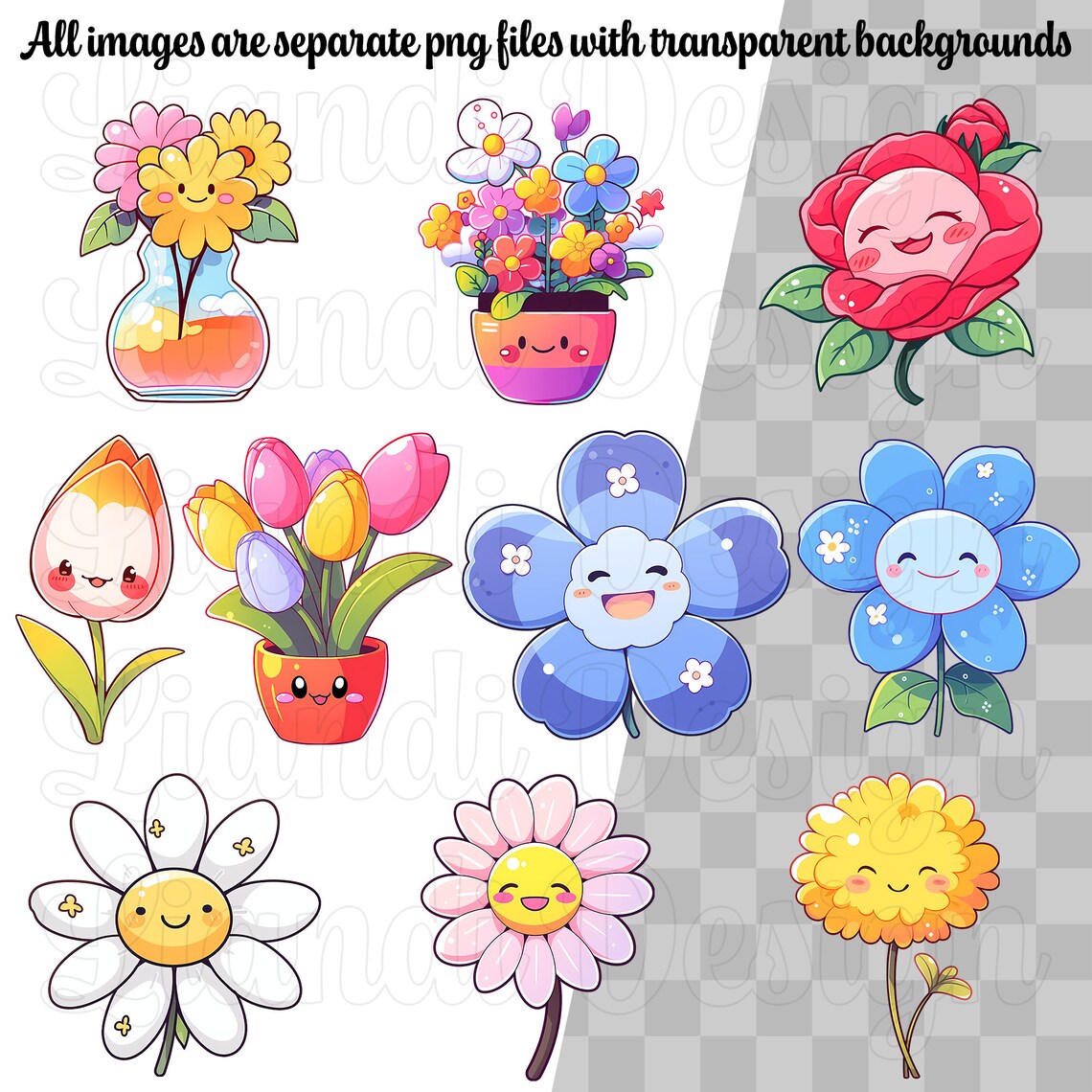Kawaii Flower Clipart 20 Cute and Colorful Floral Graphics for DIY ...