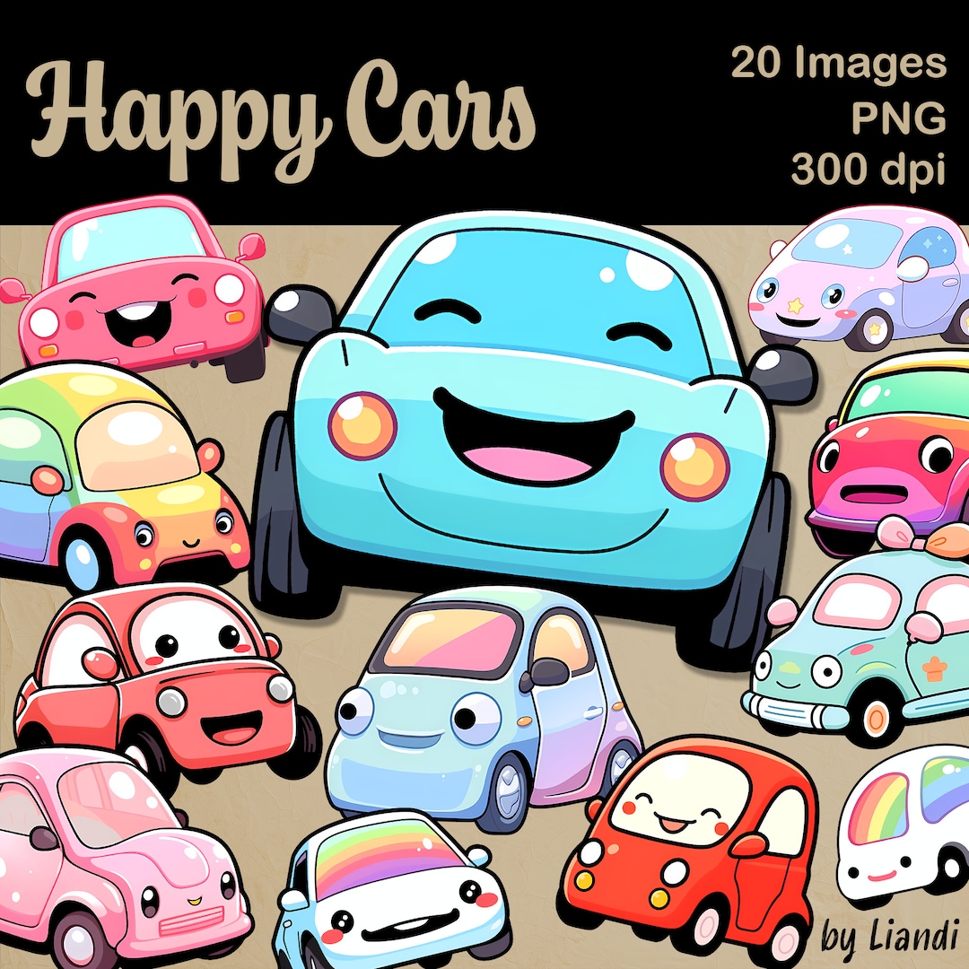 Kawaii Cars Clipart 20 Cute and Colorful Car Graphics for DIY Projects ...