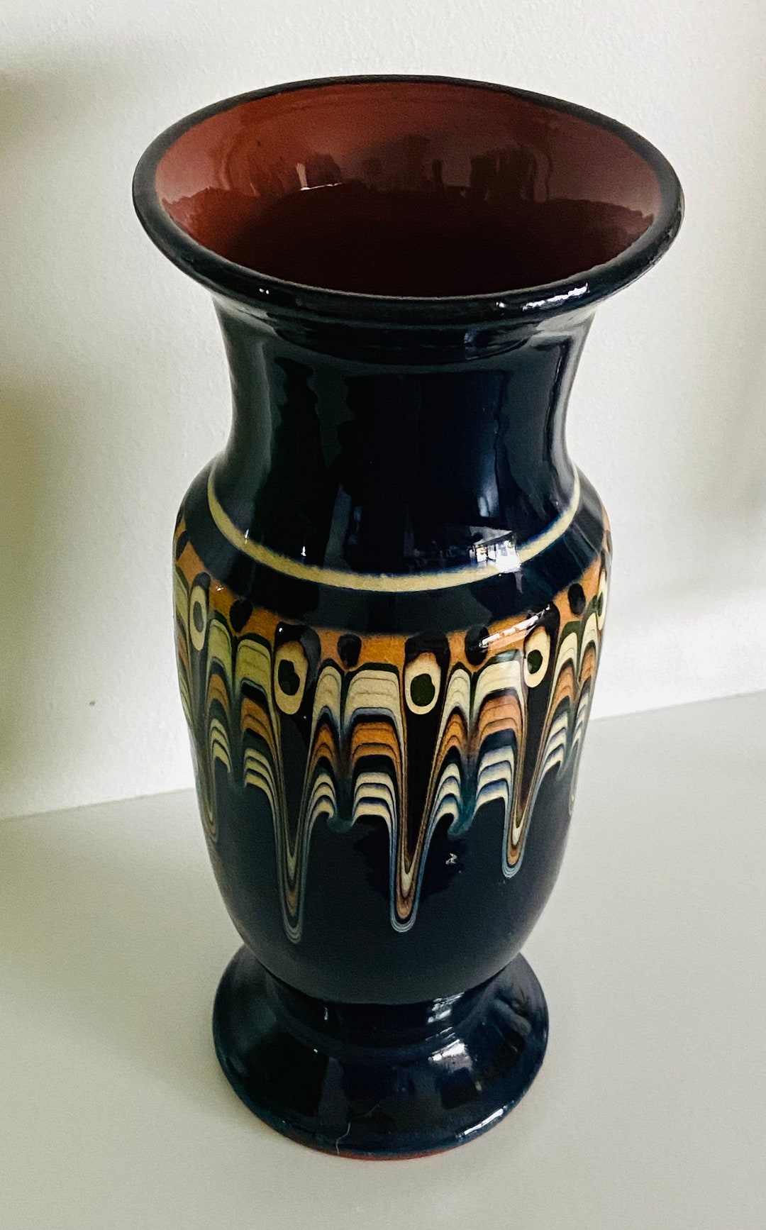 Vintage Redware Troyan Slipware Vase, Handcrafted Bulgaria Retro 1970s ...