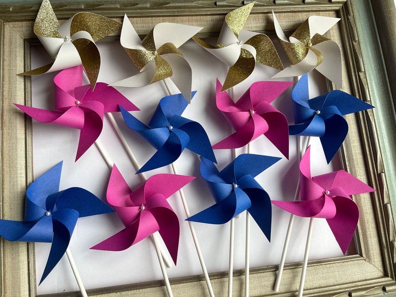 Glitter Gold Party Paper Pinwheels, Hot Pink Cobalt Royal Blue Gender ...