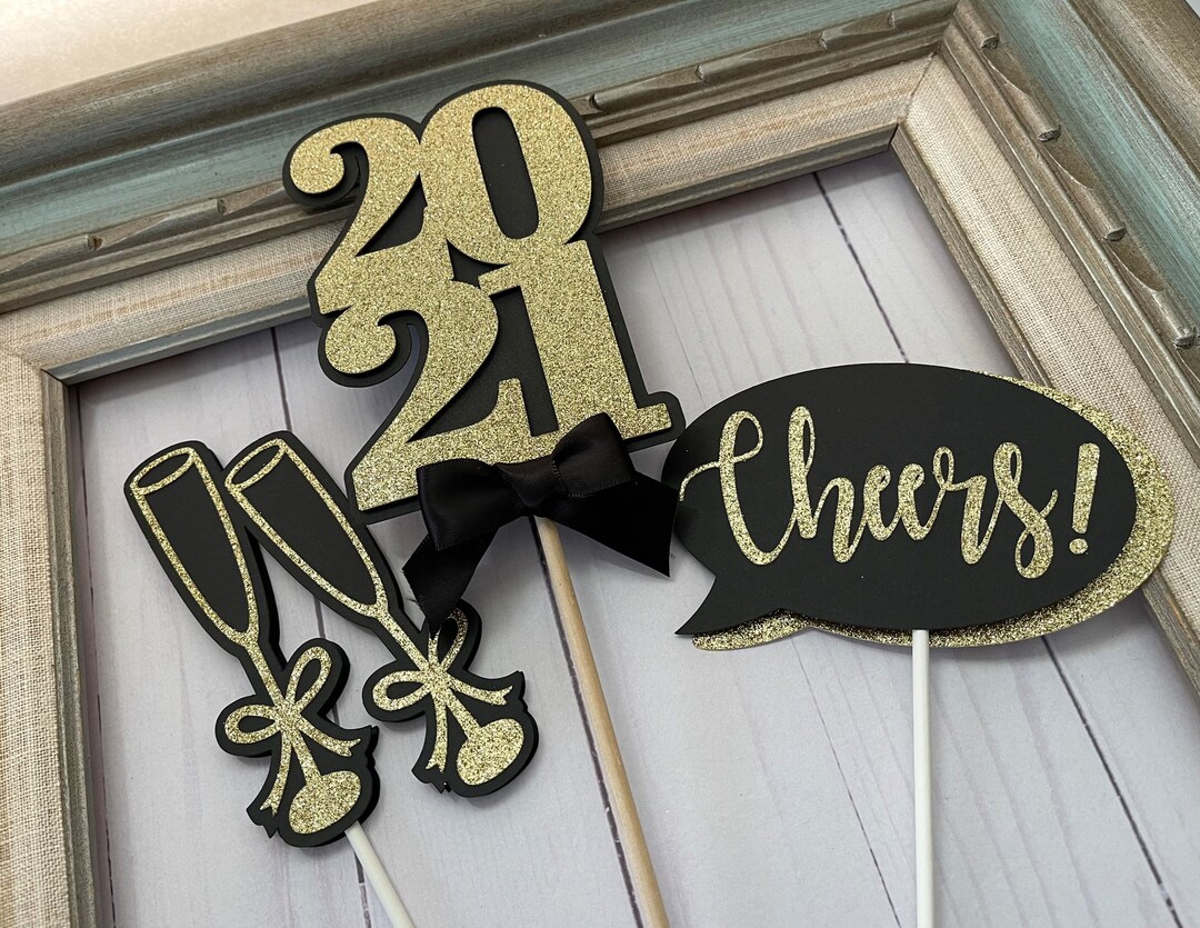 New Year Party Centerpiece, Gold Glitter Champagne Cheers Decor Stick ...