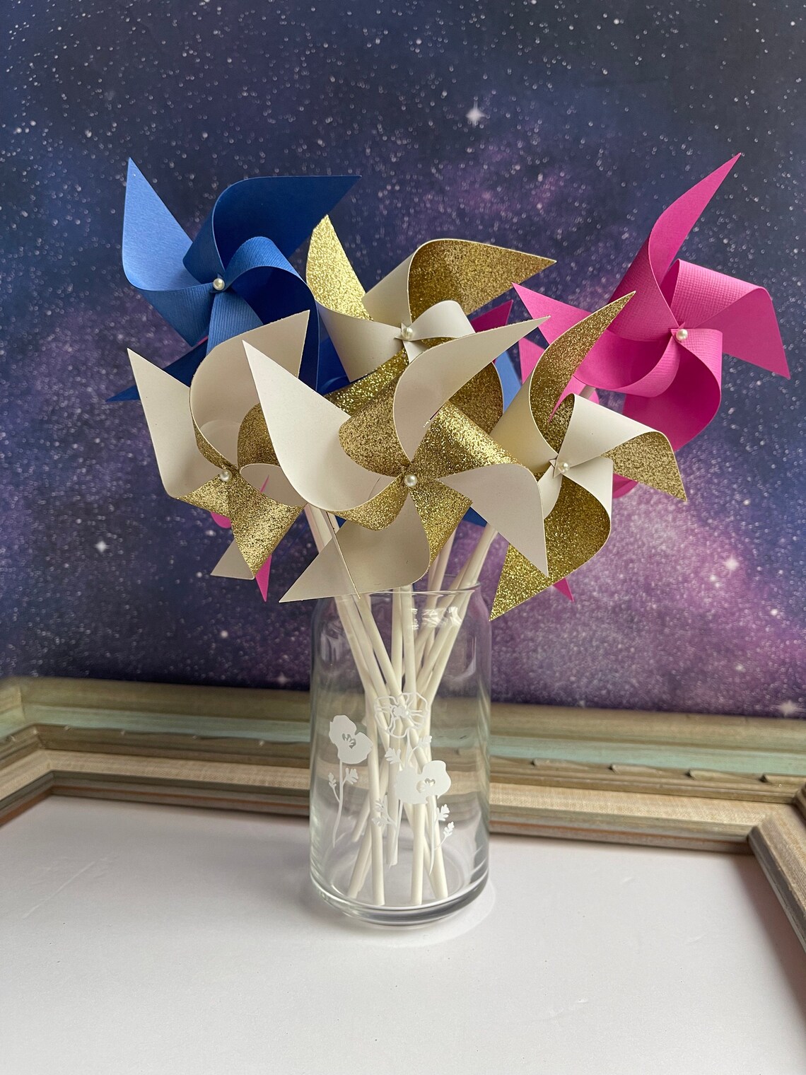 Glitter Gold Party Paper Pinwheels, Hot Pink Cobalt Royal Blue Gender ...