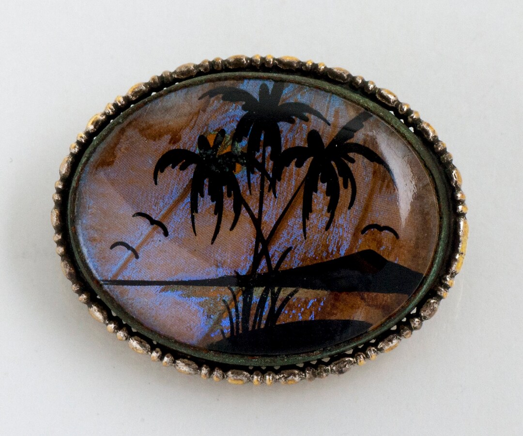1930s Butterfly Wing Pin: Hand-painted Beach Scene, Gold Filled Brooch ...