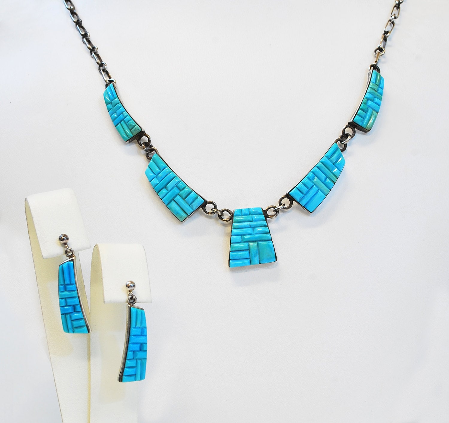 Vintage Turquoise Set Zuni Sterling Silver Carved Inlaid Turquoise ...
