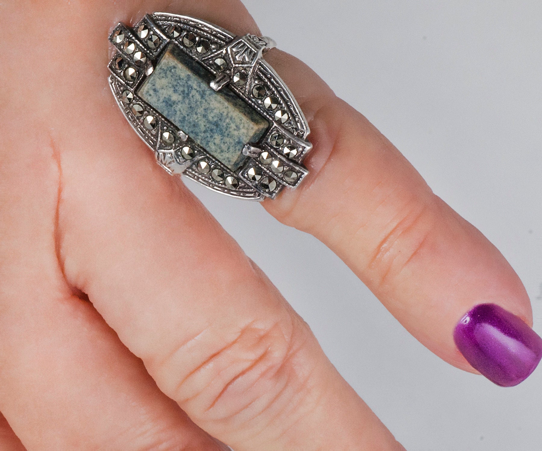 Vintage Ring Vintage Sterling Silver Rectangular Jasper and Marcasite ...
