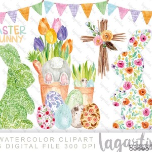 Easter Bunny Floral Watercolor Clipart PNG Hand Painted Cute - Etsy