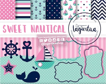 Digital Paper Navy Nautical Fuchsia Marine Girly Background | Etsy
