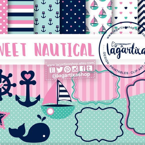Pink Nautical Digital Paper Navy Teal Marine Turquoise Girly - Etsy