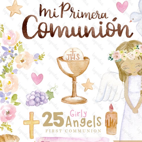 First Communion Watercolor Floral Girl Angel Hand Painted - Etsy